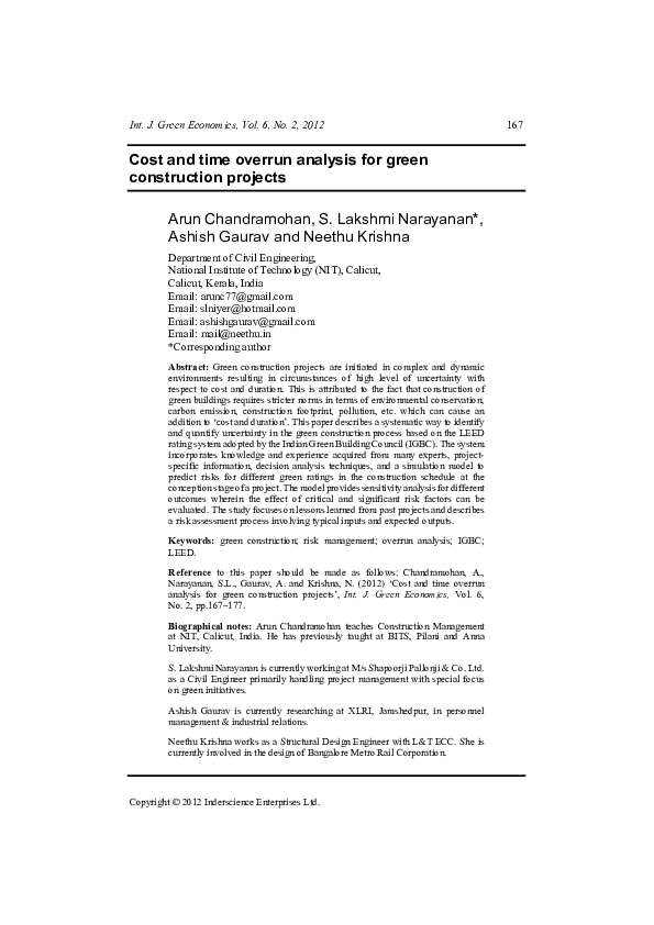 Pdf Cost And Time Overrun Analysis For Green Construction Projects