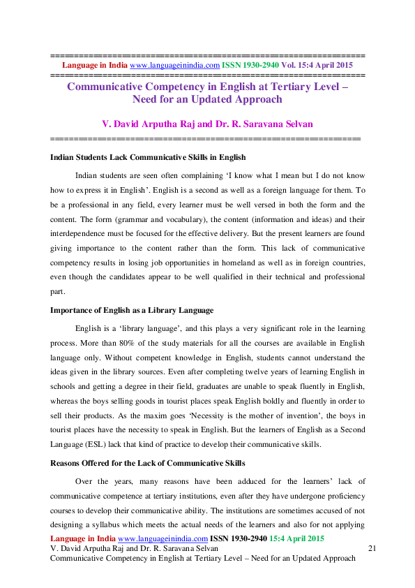 (PDF) Communicative Competency in English at Tertiary Level-Need for an ...