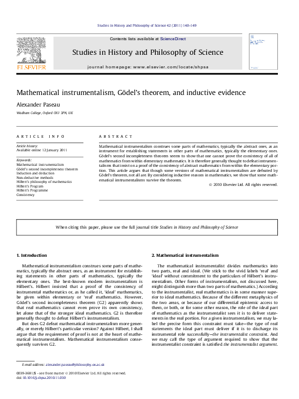 (PDF) Mathematical instrumentalism, Gödel’s theorem, and inductive evidence