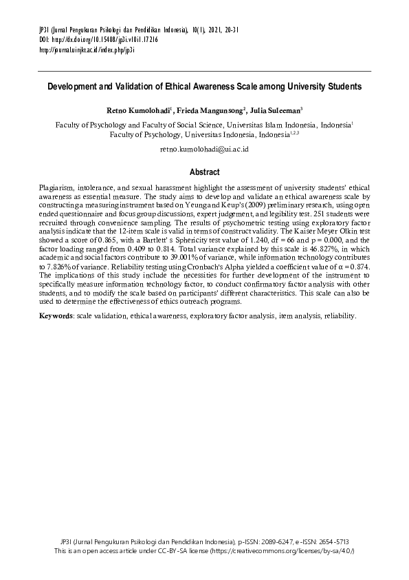 (PDF) Development and Validation of Ethical Awareness Scale among University Students