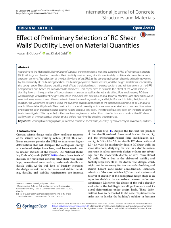 (PDF) Effect of Preliminary Selection of RC Shear Walls’ Ductility Level on Material Quantities