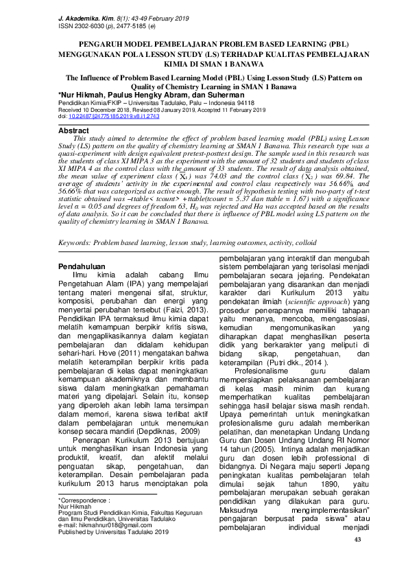 Pdf The Influence Of Problem Based Learning Model Pbl Using Lesson