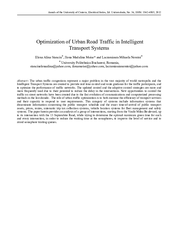 (PDF) Optimization of urban road traffic in Intelligent Transport Systems