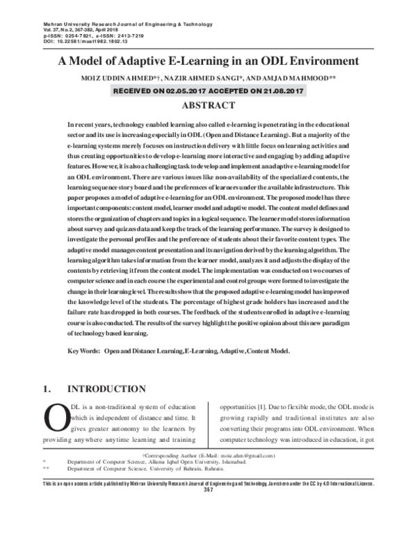 (PDF) A Model of Adaptive E-Learning in an ODL Environment