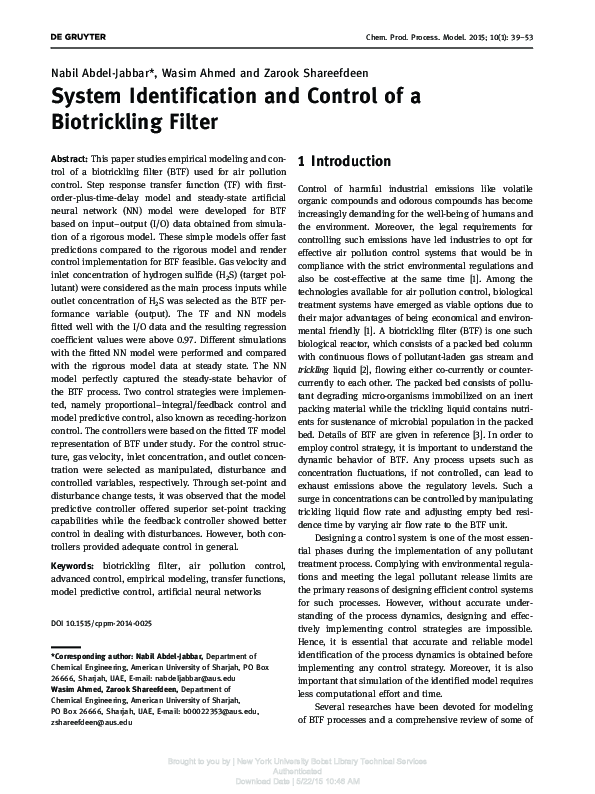 (PDF) System Identification and Control of a Biotrickling Filter