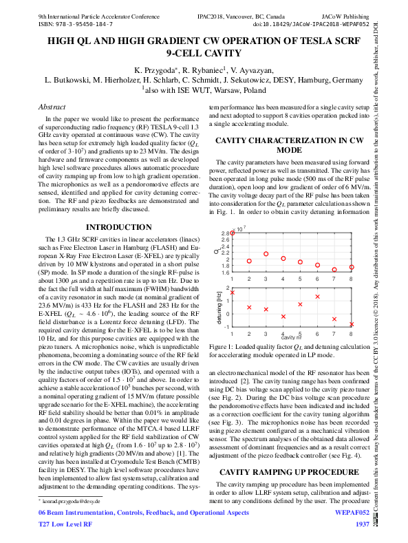(PDF) High QL and High Gradient CW Operation of Tesla SCRF 9-Cell Cavity