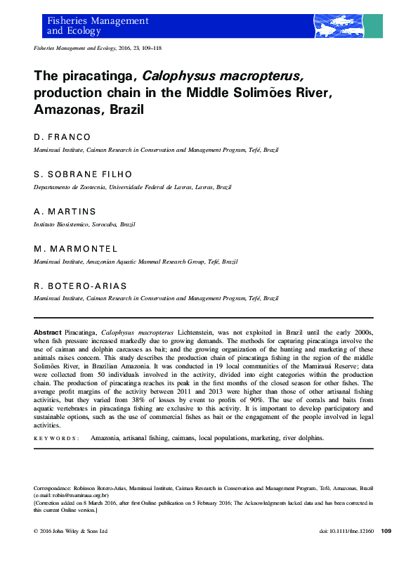(PDF) The piracatinga,Calophysus macropterus,production chain in the ...