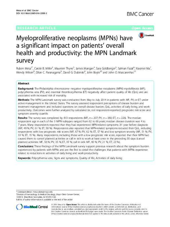 (PDF) Myeloproliferative neoplasms (MPNs) have a significant impact on ...