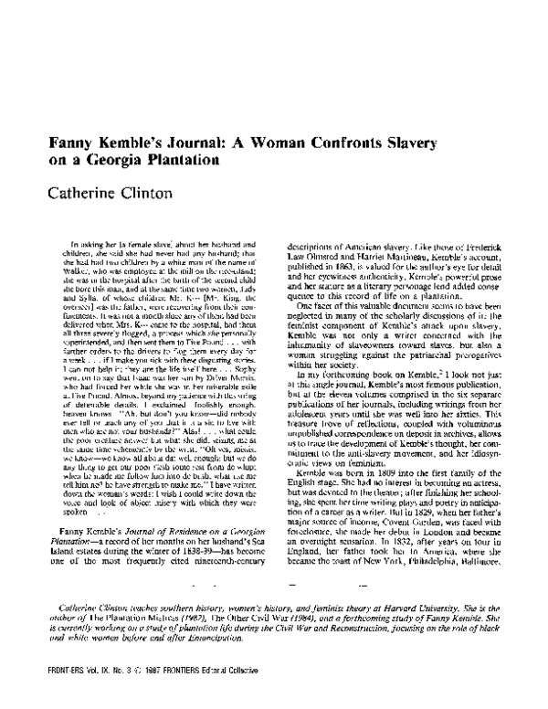 (PDF) Fanny Kemble's Journal: A Woman Confronts Slavery on a Georgia ...