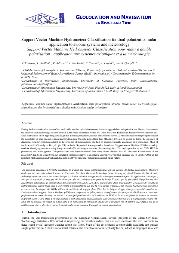 (PDF) Support Vector Machine Hydrometeor Classification for dual-polarization radar: application ...