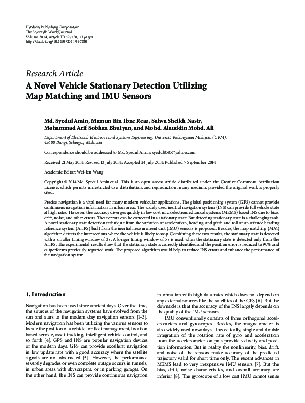 (PDF) A Novel Vehicle Stationary Detection Utilizing Map Matching and IMU Sensors