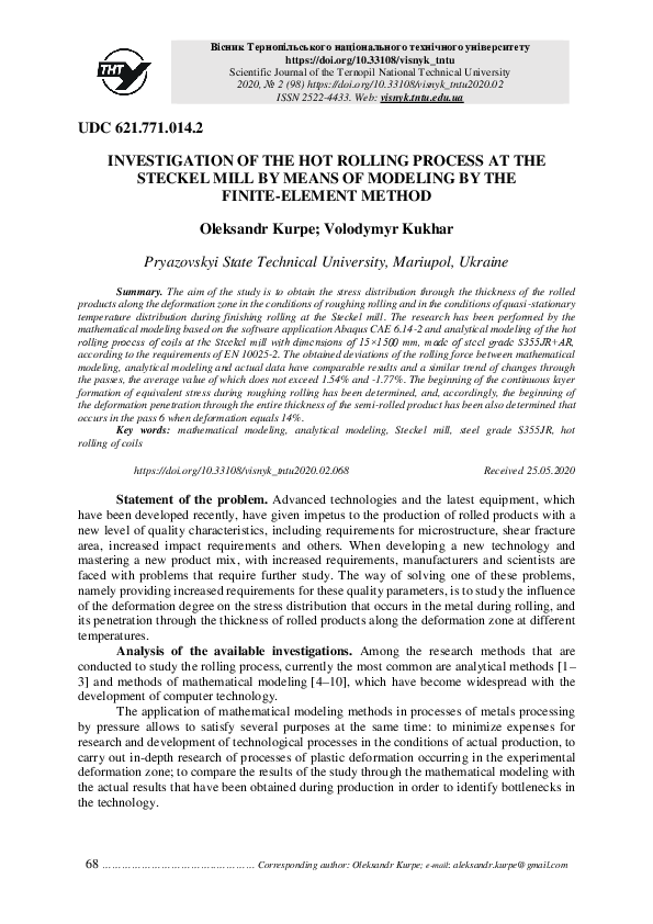 (PDF) Investigation of the hot rolling process at the steckel mill by means of modeling by the ...