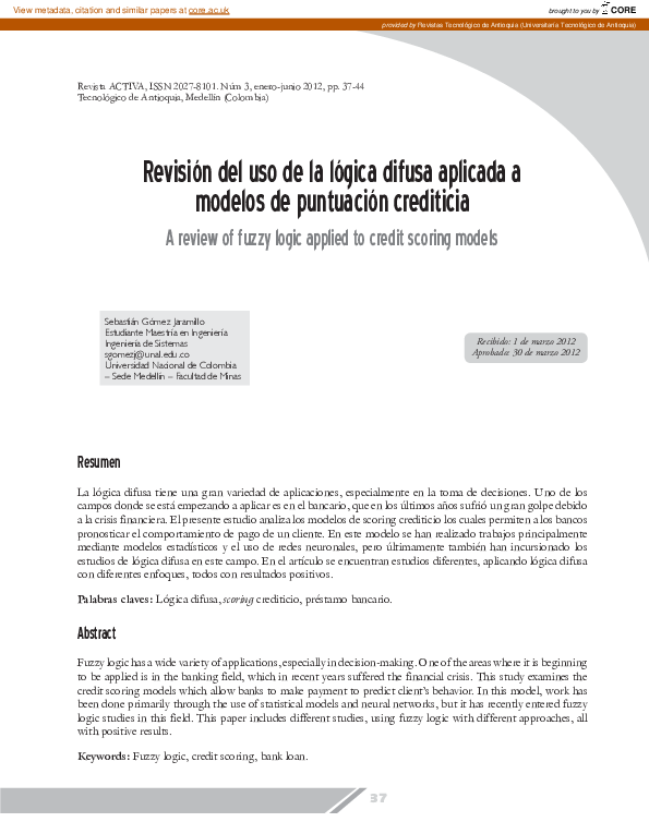 (PDF) Revisión del uso de la lógica difusa aplicada a modelos de puntuación crediticia A review ...