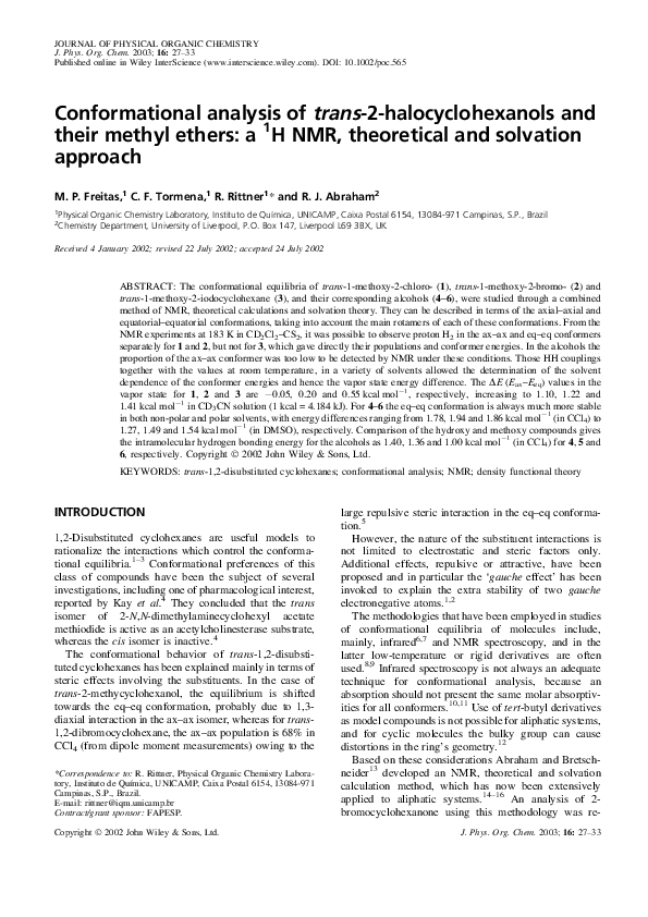 (PDF) Conformational analysis oftrans-2-halocyclohexanols and their methyl ethers: a1H NMR ...