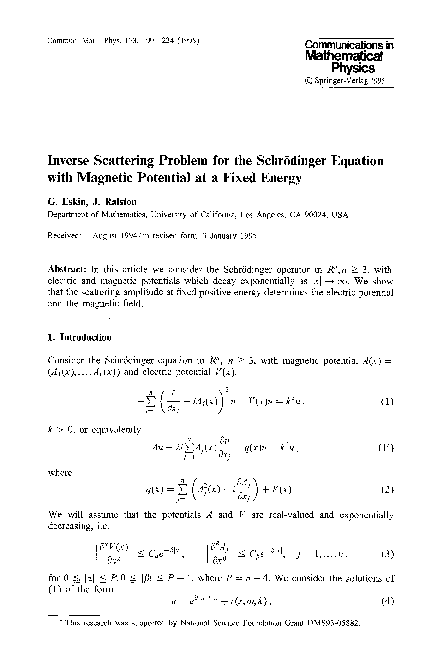 (PDF) Inverse scattering problem for the Schrödinger equation with magnetic potential at a fixed ...