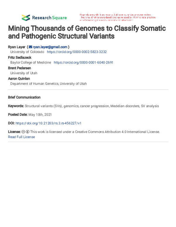 Pdf Mining Thousands Of Genomes To Classify Somatic And Pathogenic Structural Variants Selim
