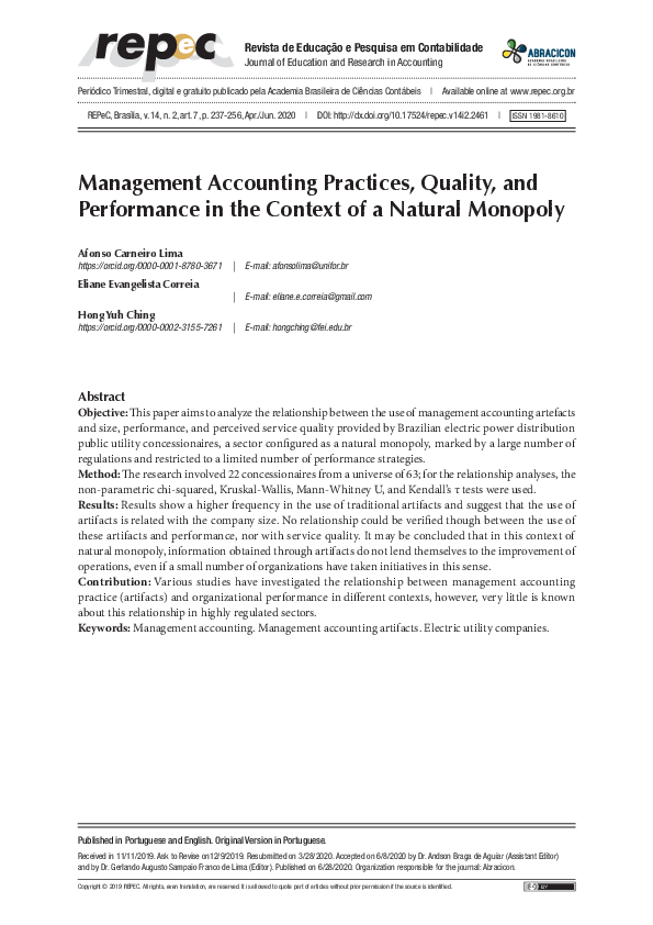 (PDF) Management Accounting Practices, Quality, and Performance in the Context of a Natural Monopoly