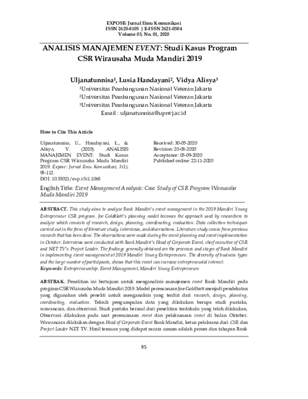 (PDF) ANALISIS MANAJEMEN EVENT (Studi Kasus Program CSR Wirausaha Muda Mandiri 2019) | lusia ...