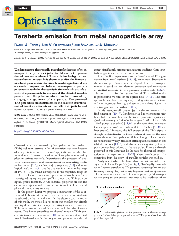 (PDF) Terahertz emission from metal nanoparticle array