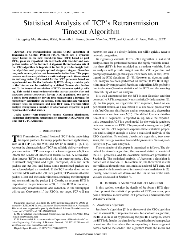 (PDF) Statistical analysis of TCP's retransmission timeout algorithm