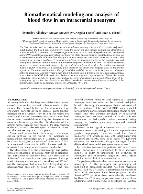 (PDF) Biomathematical modeling and analysis of blood flow in an intracranial aneurysm