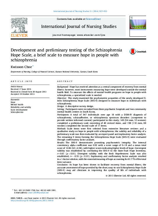 (PDF) Development and preliminary testing of the Schizophrenia Hope ...