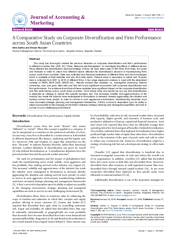 (PDF) A Comparative Study on Corporate Diversification and Firm Performance across South Asian ...