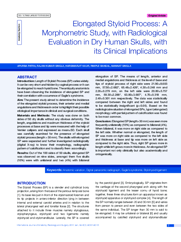 (PDF) Elongated Styloid Process: A Morphometric Study, with ...
