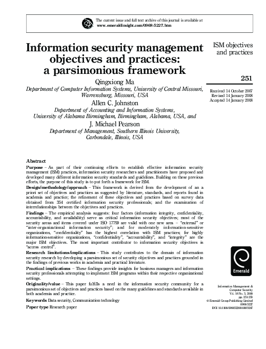 (PDF) Information security management objectives and practices: a ...