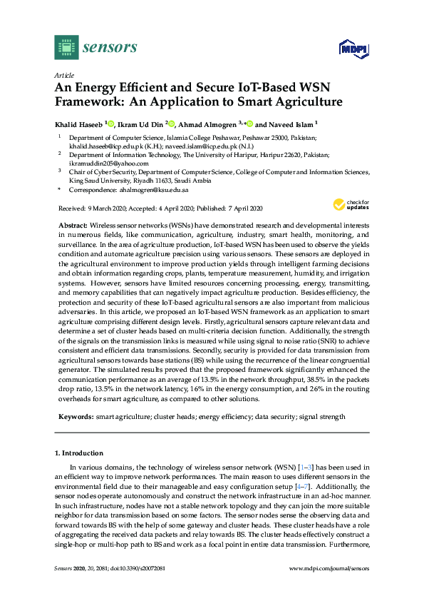 Pdf An Energy Efficient And Secure Iot Based Wsn Framework An