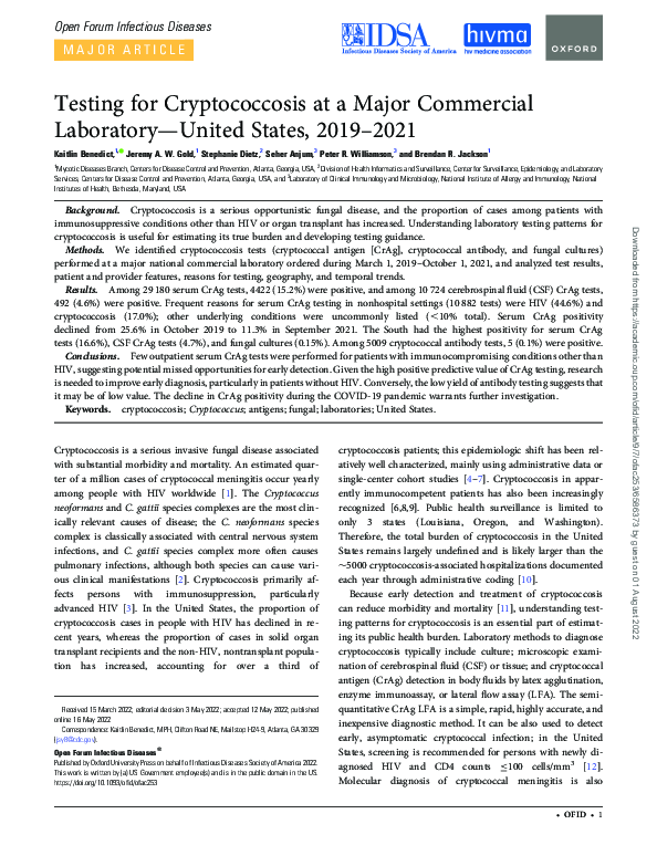 (PDF) Testing for Cryptococcosis at a Major Commercial Laboratory ...