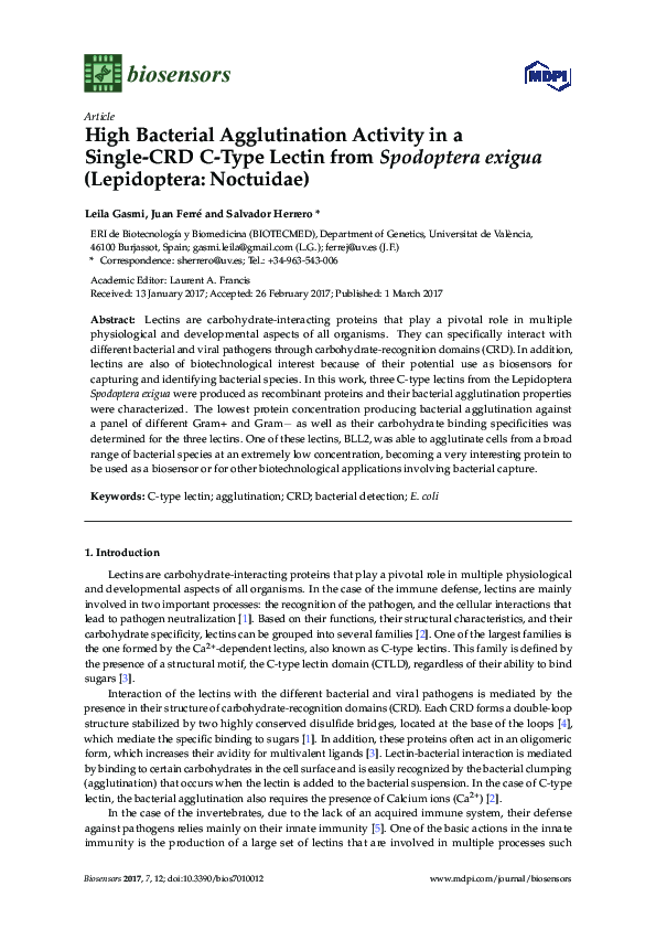(PDF) High Bacterial Agglutination Activity in a Single-CRD C-Type ...