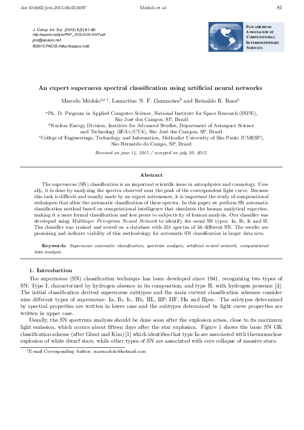 (PDF) An expert supernova spectral classification using artificial neural networks