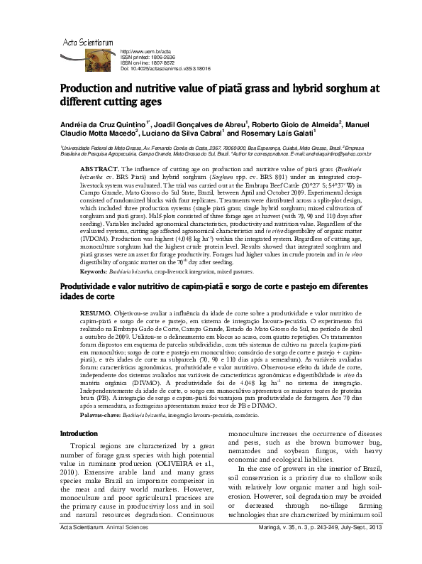 (PDF) Production and nutrition rates of piatã grass and hybrid sorghum ...