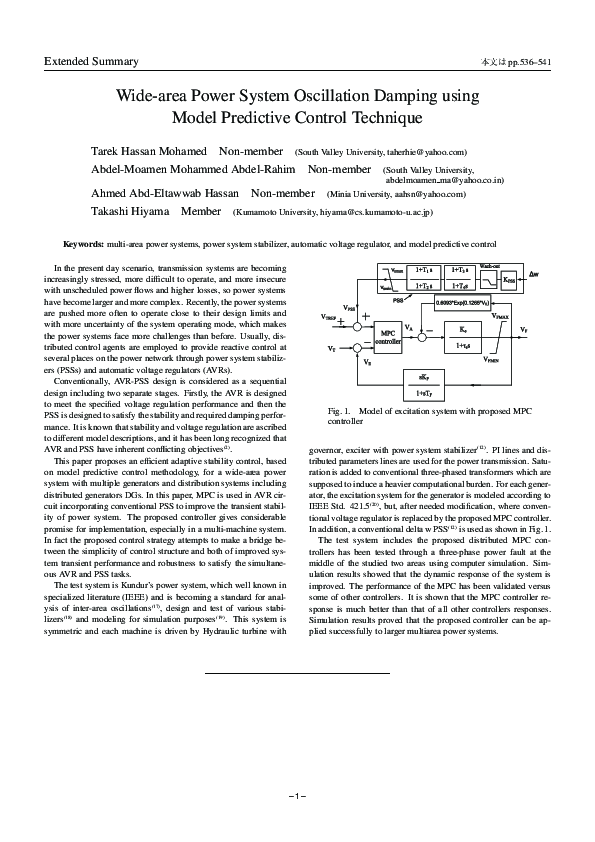 (PDF) Wide-area Power System Oscillation Damping using Model Predictive Control Technique