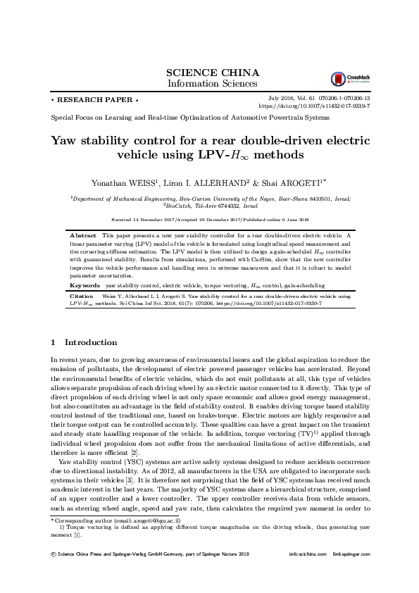 (PDF) Yaw stability control for a rear double-driven electric vehicle ...