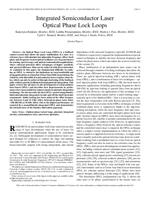 (PDF) Integrated Semiconductor Laser Optical Phase Lock Loops