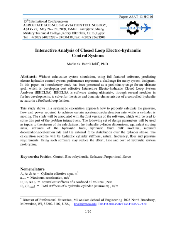 (PDF) Interactive Analysis of Closed Loop Electro-hydraulic Control Systems