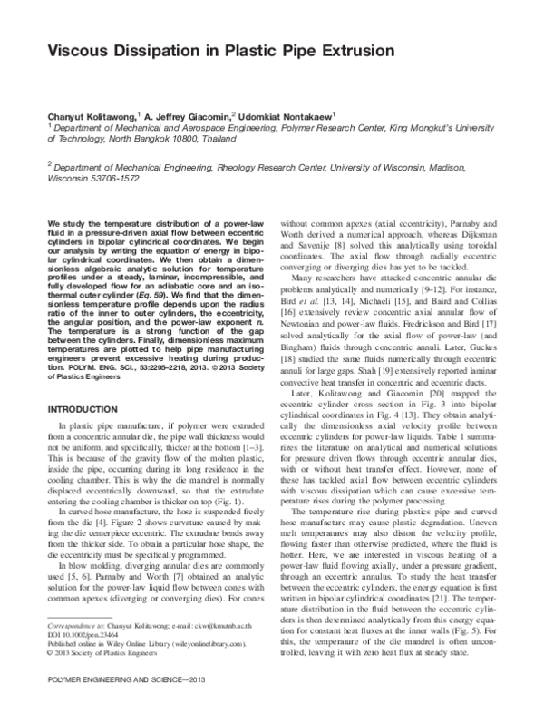 (PDF) Viscous dissipation in plastic pipe extrusion