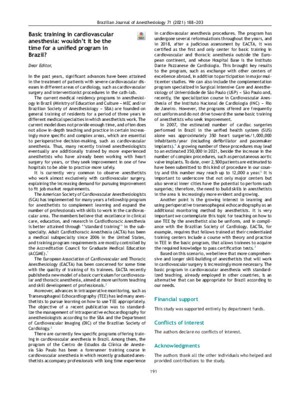 (PDF) Basic training in cardiovascular anesthesia: wouldn’t it be the ...