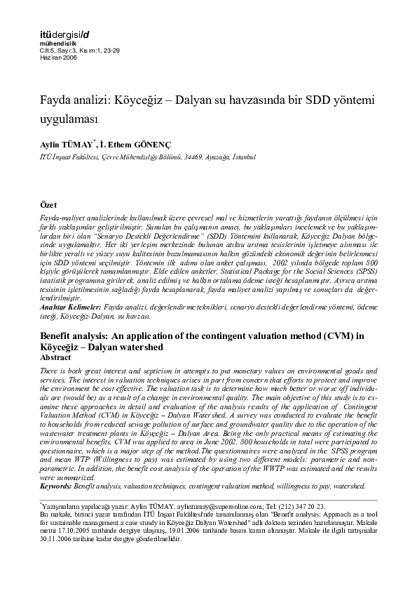 (PDF) Fayda analizi: Köyceğiz-Dalyan su havzasında bir SDD yöntemi uygulaması