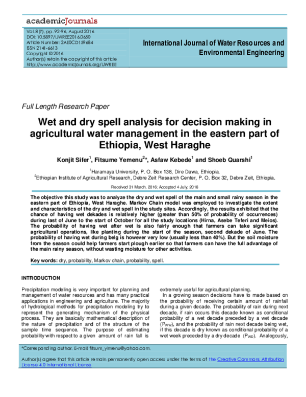 (PDF) Wet and dry spell analysis for decision making in agricultural ...