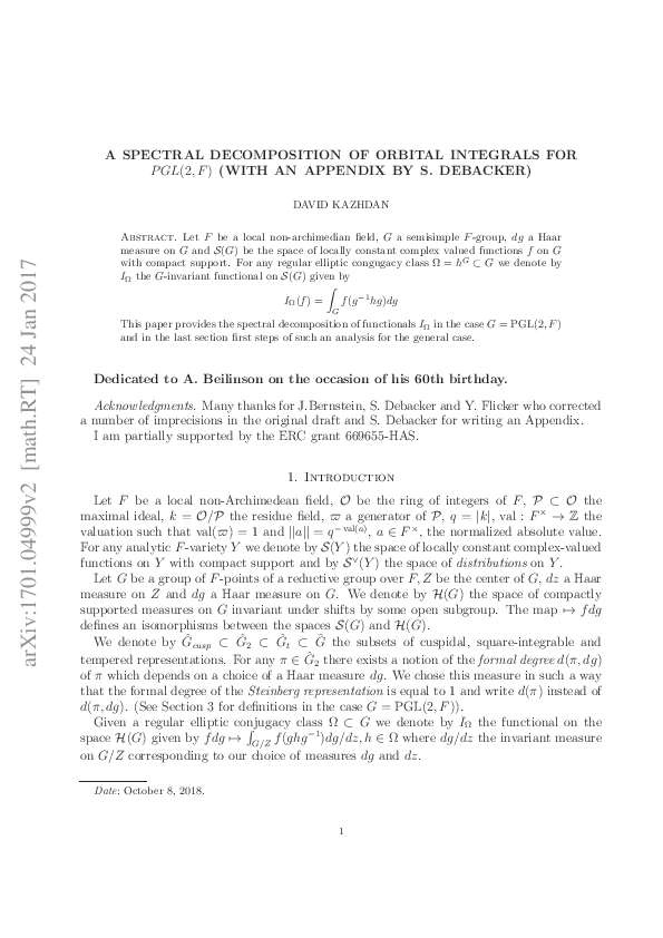 (PDF) A spectral decomposition of orbital integrals for PGL(2, F) (with ...