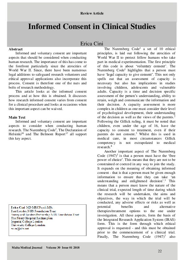 (PDF) Informed Consent in Clinical Studies | Erica Cini - Academia.edu