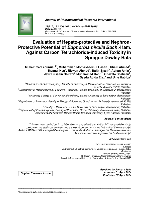 (PDF) Evaluation of Hepato-protective and Nephron-Protective Potential of Euphorbia nivulia Buch ...
