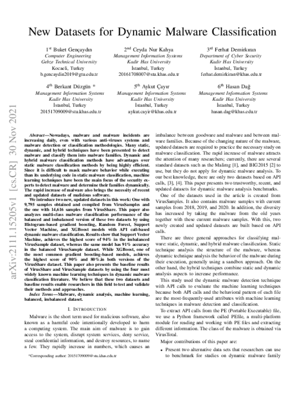 Pdf New Datasets For Dynamic Malware Classification