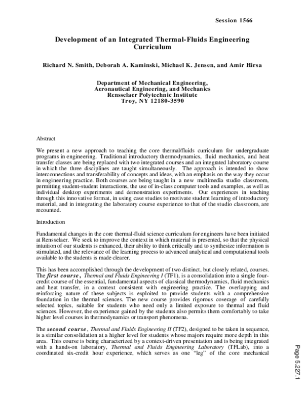 (PDF) Development Of An Integrated Thermal Fluids Engineering Curriculum