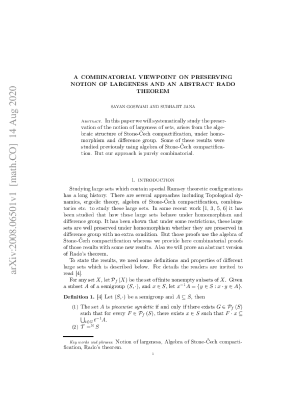 Pdf A Combinatorial Viewpoint On Preserving Notion Of Largeness And An Abstract Rado Theorem