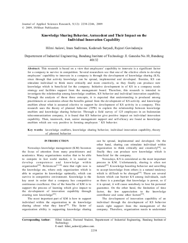 (PDF) Knowledge Sharing Behavior, Antecedent and Their Impact on the Individual Innovation ...