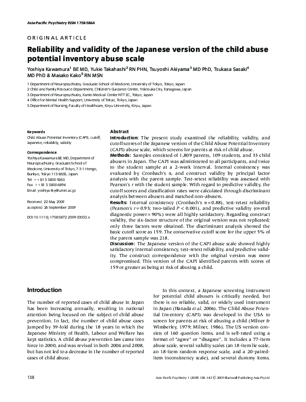 (PDF) Reliability and validity of the Japanese version of the child abuse potential inventory ...